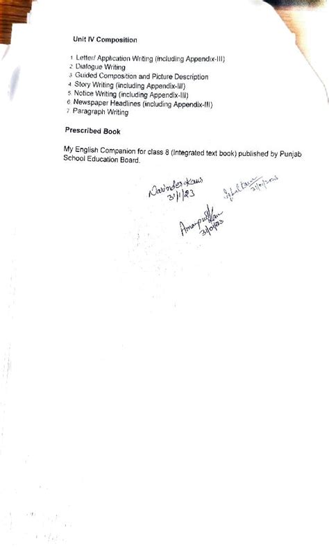 Pseb Class 8th English Syllabus 2024 Pdf