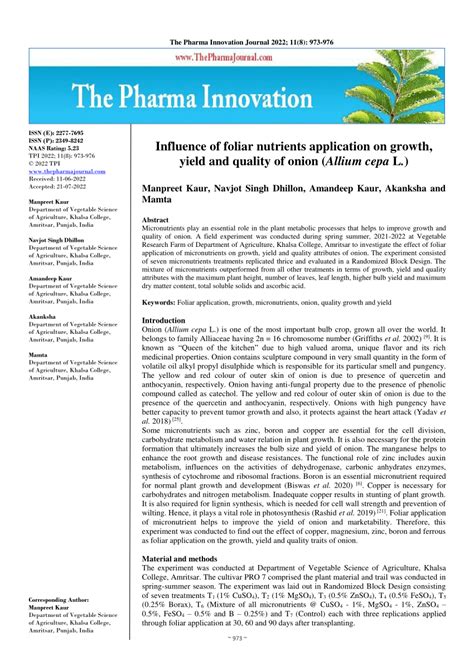 Pdf Influence Of Foliar Nutrients Application On Growth Yield And