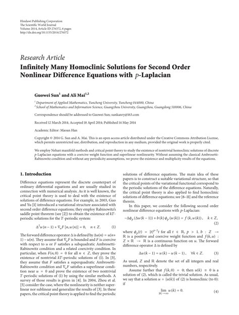 Pdf Infinitely Many Homoclinic Solutions For Second Order Nonlinear Difference Equations With