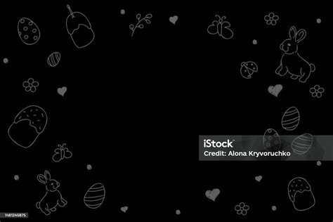 벡터 귀여운 손으로 그린 부활절 가로 배경에는 토끼 부활절 달걀이 있습니다 부활절 선형 기호가 있는 축제 배경 텍스트 공간을 복사합니다 디자인 카드 배너 및 기타 판촉 품목