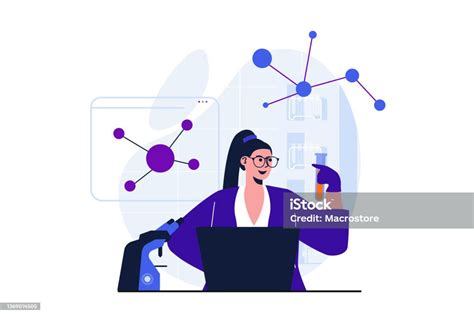 웹 배너 디자인을 위한 과학 연구 현대 평면 개념 튜브에서 화학 검사를 하고 분자를 연구하고 노트북에서 데이터를 분석하는 여성