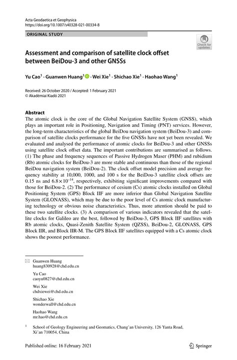 Pdf Assessment And Comparison Of Satellite Clock Offset Between Beidou 3 And Other Gnsss