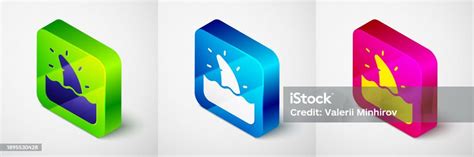 회색 배경에 고립 된 바다 파도 아이콘에 등색 상어 지느러미 정사각형 버튼입니다 벡터 3차원 형태에 대한 스톡 벡터 아트 및 기타 이미지 3차원 형태 고래 녹색