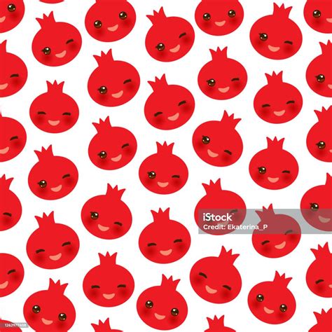 귀여운 가와이이 석류와 윙크 눈과 핑크 뺨 계절의 흰색 배경 트렌드에 고립 된 매끄러운 패턴 선물 랩 직물 배경 화면 식품 포장에 사용할 수 있습니다 벡터 0명에 대한 스톡