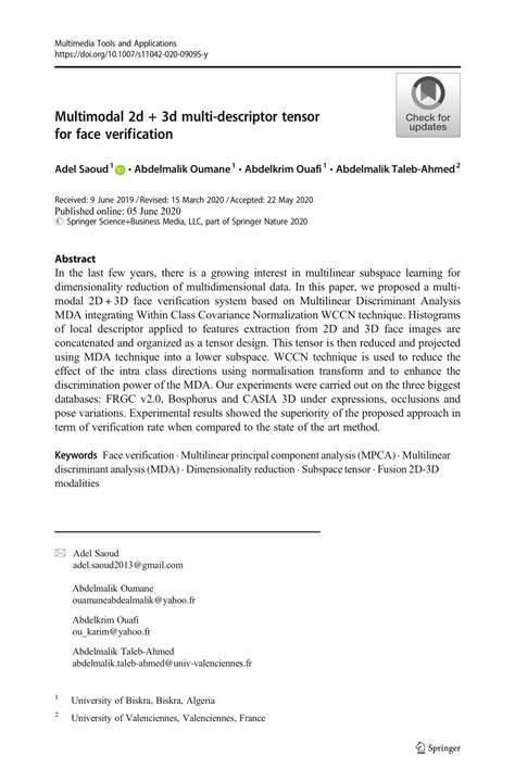 Pdf Multimodal 2d 3d Multi Descriptor Tensor For Face Verification