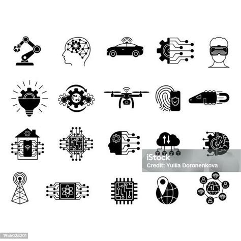 블랙 테크놀로지 아이콘 지리적 위치 가상 현실 블록 체인 사물 인터넷 로봇 공학 자율 주행 자동차 인공 지능 등의 벡터 아이콘 아이콘에 대한 스톡 벡터 아트 및 기타 이미지