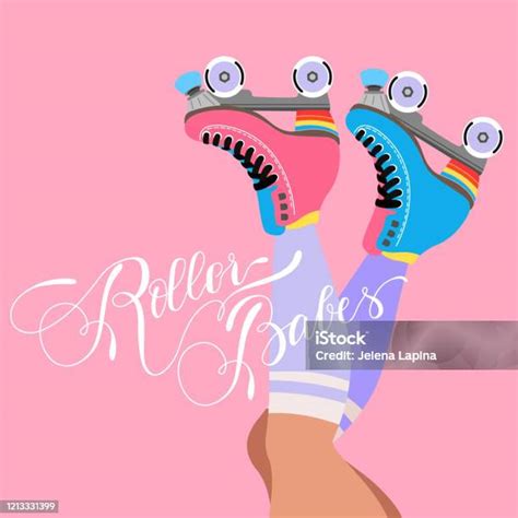 롤러 스케이트 오래 된 학교 포스터입니다 손으로 그린 벡터 핑크 60 년대 네 바퀴 롤러 블레이드 녹색 격리된 그림입니다 배너 인사말 카드 초대에 대한 트렌디 한 디자인