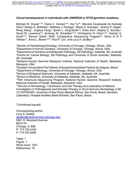 Pdf Clonal Hematopoiesis In Individuals With Ankrd26 Or Etv6 Germline Mutations