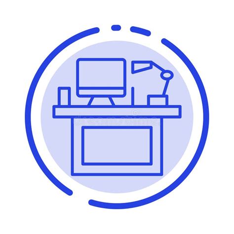 Computer Desk Desktop Monitor Office Place Table Blue Dotted Line Line Icon Stock Vector