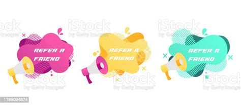 라우드스피커로 마케팅 디자인 배지의 친구 세트를 참조하세요 광고 개념입니다 흰색 배경에서 격리된 벡터 그림 광고에 대한 스톡 벡터 아트 및 기타 이미지 Istock