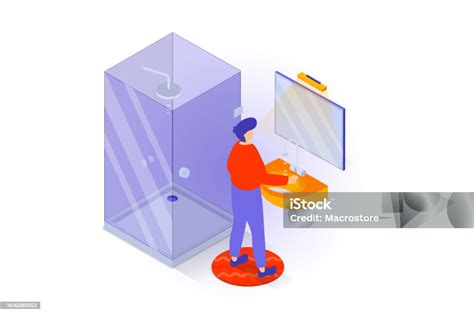 3d 아이소메트릭 디자인의 홈 인테리어 개념 샤워실 바닥에 카펫 벽에 거울 세면대 수도꼭지가 있는 작은 욕실에 있는 사람들 웹 그래픽을 위한 등각측정 장면이 있는 벡터 그림
