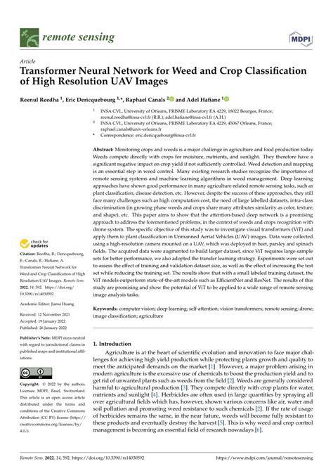 Pdf Transformer Neural Network For Weed And Crop Classification Of High Resolution Uav Images