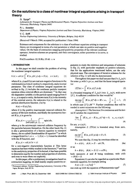 Pdf On The Solutions To A Class Of Nonlinear Integral Equations Arising In Transport Theory