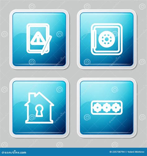 Set Line Tablet With Exclamation Mark Safe House Under Protection And Password Icon Vector