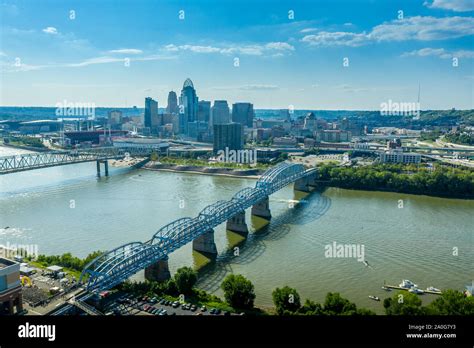 Panoramic View Of Cincinnati Downtown With The Historic Roebling
