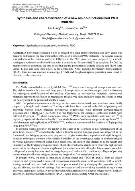 Synthesis And Characterization Of A New Amino Functionalized Pmo Material Scientific Net