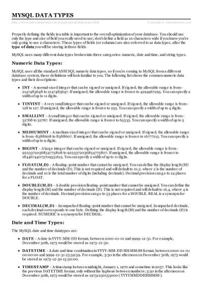 Mysql Data Types Tutorials Point