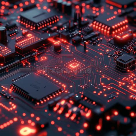 Glowing Red Circuit Board With Microchips And Complex Electrical Pathways Stock Image Image Of