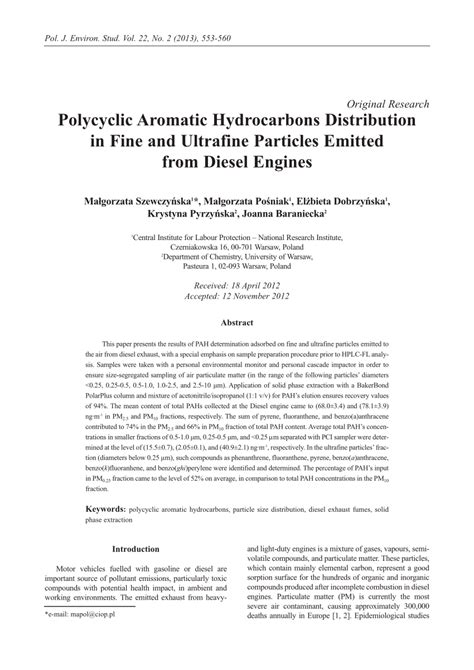 Pdf Polycyclic Aromatic Hydrocarbons Distribution In Fine And Ultrafine Particles Emitted From