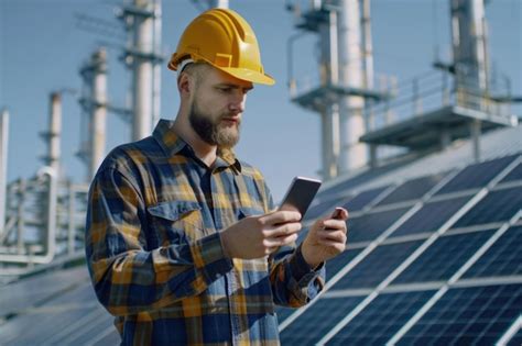 Male Engineer Programming Solar Panels Through Smart Phone App At Power Station Premium Ai