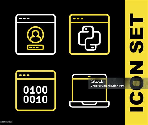 라인 파이썬 프로그래밍 언어 노트북 바이너리 코드 및 계정 화면 아이콘 만들기를 설정합니다 벡터 개념에 대한 스톡 벡터 아트 및