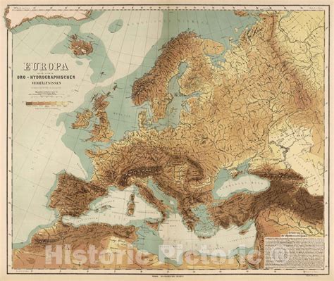 Historic Map 1886 Europe Topography And Hydrography Vintage Wall