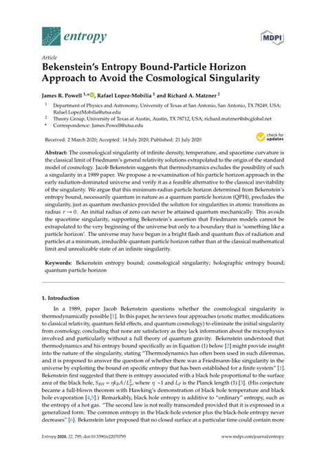Pdf Bekensteins Entropy Bound Particle Horizon Approach To Avoid The