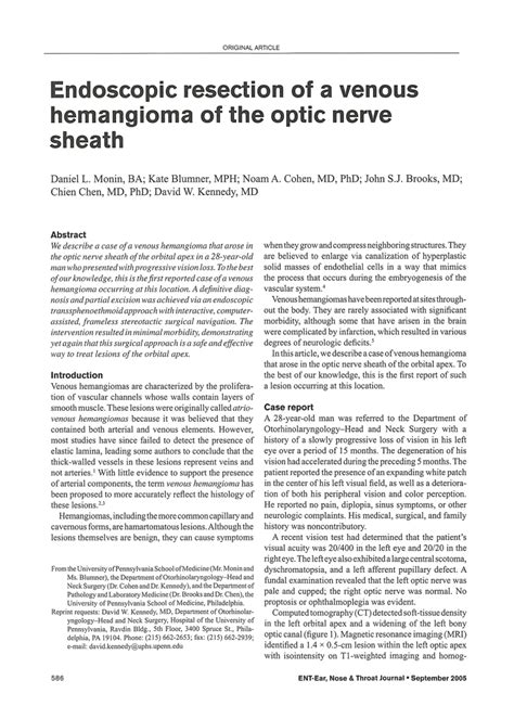 Pdf Endoscopic Resection Of A Venous Hemangioma Of The Optic Nerve Sheath