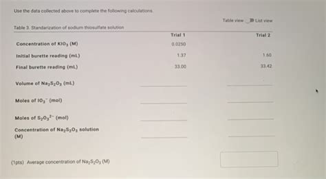 solved use the data collected above to complete the