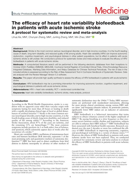 Pdf The Efficacy Of Heart Rate Variability Biofeedback In Patients With Acute Ischemic Stroke
