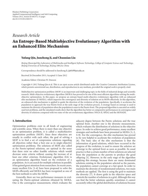 Pdf An Entropy Based Multiobjective Evolutionary Algorithm With An