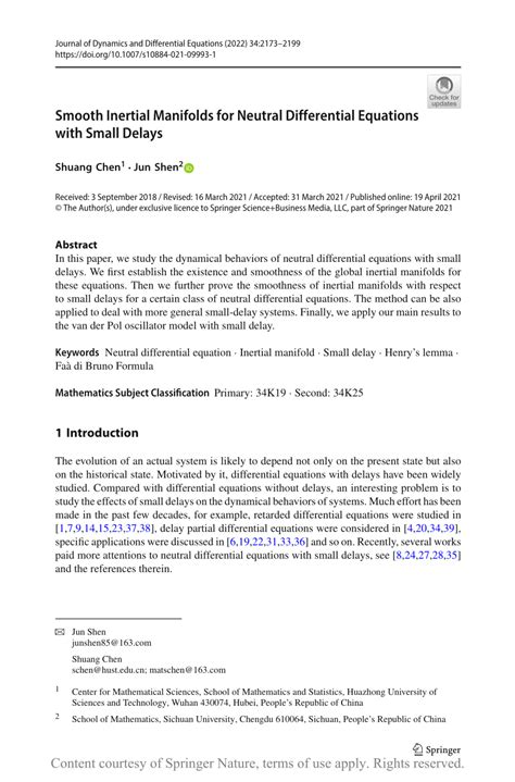 Smooth Inertial Manifolds For Neutral Differential Equations With Small Delays Request Pdf