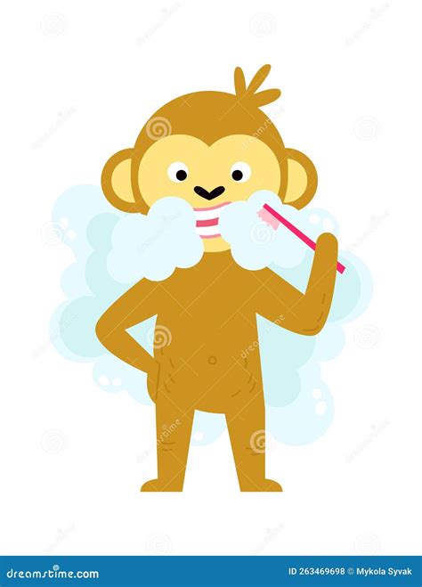 Funny Wild Animal Flat Icon Cute Monkey Brush Teeth Stock Vector