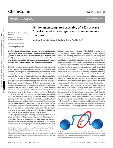 Pdf Nitrate Anion Templated Assembly Of A [2]rotaxane For Selective Nitrate Recognition In