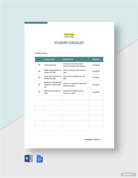 Free Sample Student Checklist Template