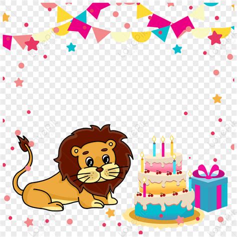 생일 일러스트 케이크 사자 선물 상자 깃발 천 테두리캐릭터배너 Png 일러스트 무료 다운로드 Lovepik