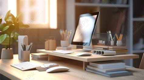 현대적인 사무실 스튜디오를 엿보세요 테이블 배경에 노트북 모형과 필수 사무용품이 포함된 절묘한 3d 렌더링 현대적 배경