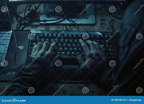 hands typing on led backlit keyboard in dark room stock illustration