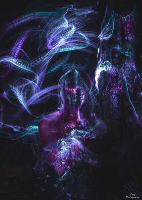 Tree And A Girl Covered With Moss At Night During Dark Psychedelic Festival Deep In Forest 60