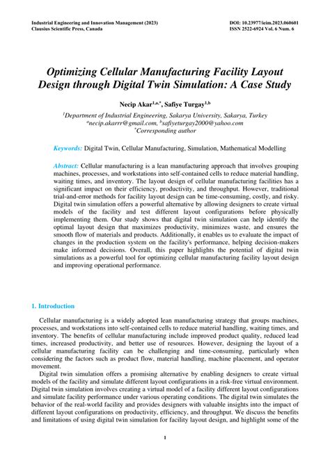 Pdf Optimizing Cellular Manufacturing Facility Layout Design Through Digital Twin Simulation
