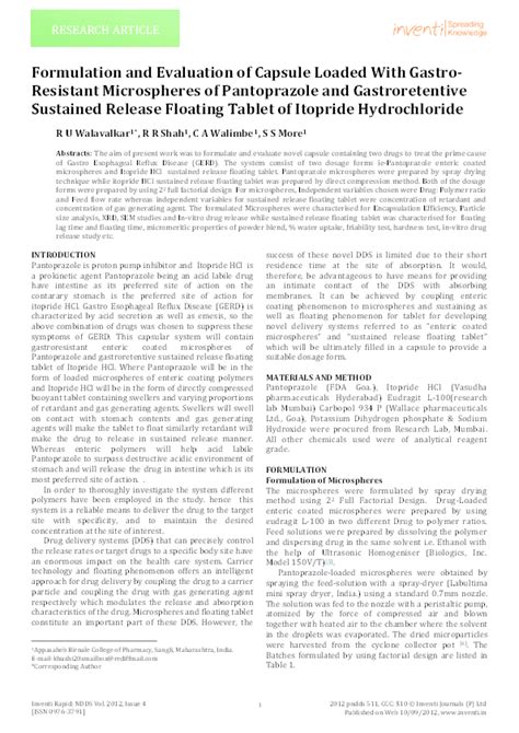 Pdf Formulation And Evaluation Of Capsule Loaded With Gastro Resistant Microspheres Of