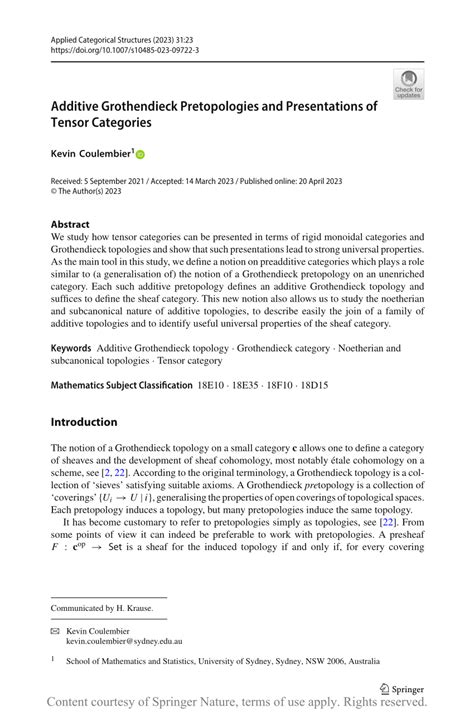 Pdf Additive Grothendieck Pretopologies And Presentations Of Tensor Categories