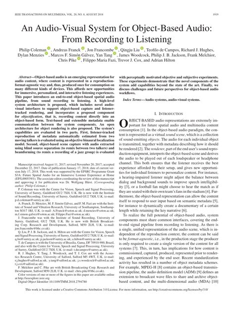 Pdf An Audio Visual System For Object Based Audio From Recording To