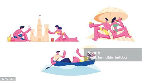 커플 남자와 여자 부동 보트의 세트 건물 모래 성 칵테일과 해변에서 휴식 남성과 여성 캐릭터 여름 방학 사랑하는 사람들 여가