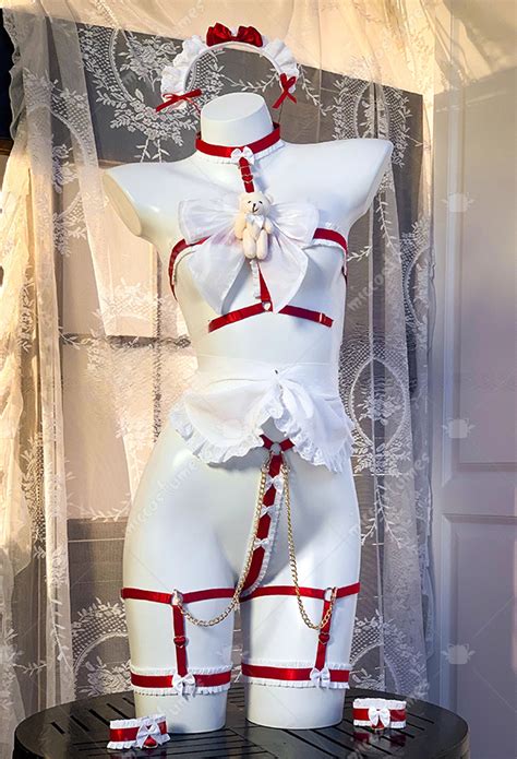Wine Red Bear Maid Sexy Lingerie Set Sheer Dress With Apron And Lace