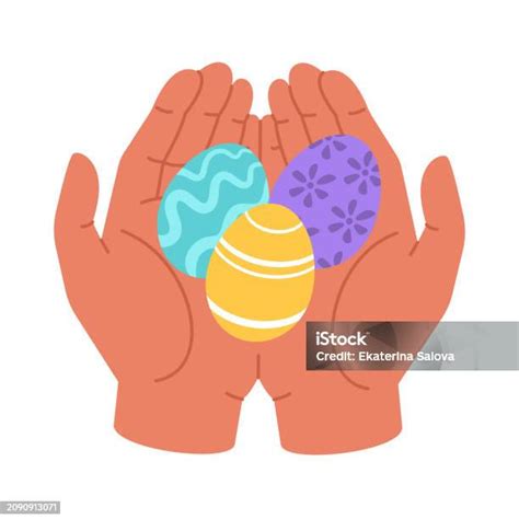 인간의 손바닥에 있는 세 가지 빛깔의 부활절 달걀 부활절 축하의 개념 종교 휴일의 속성 부활절 음식 벡터 평면 그림입니다 공휴일에 대한 스톡 벡터 아트 및 기타 이미지