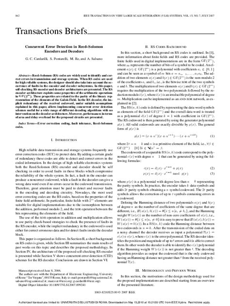Pdf Concurrent Error Detection In Reed Solomon Encoders And Decoders