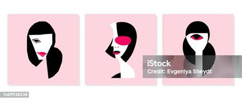 현대 입체파 예술 스타일과 기하학적 모양의 여성 얼굴을 가진 전단지 컬렉션 소셜 미디어 스토리 카드 전단지 포스터 배너 및 기타에 대한 프로모션 사람 얼굴에 대한 스톡 벡터