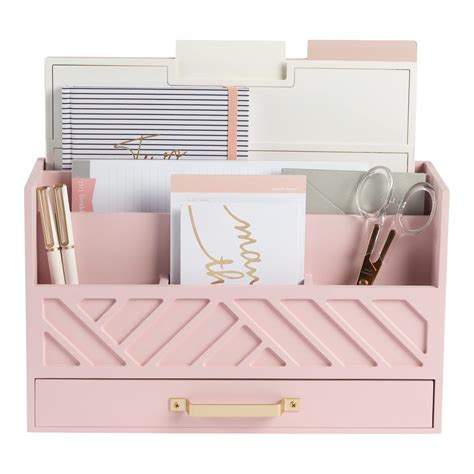 Blu Monaco Pink Wooden Desk Organizer With Storage Drawer And Gold Handle