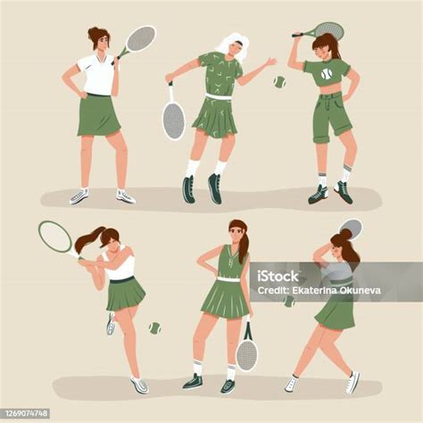귀여운 테니스 선수의 세트 테니스 라켓 벡터 플랫 만화 일러스트와 함께 큰 테니스를 하는 스포츠 복장의 여성 경쟁에 대한 스톡
